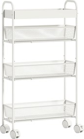 HOMCOM Kuchyňský vozík z kovu, 3 koše, úzký design, 4 kola, pro kuchyň, obývací pokoj, koupelnu, bílý