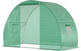 Zimní skleník Outsunny s tunelovým designem, plocha 4,5 m², rozměry 3L x 1,5W x 2H m, vyztužený rám, zipové dveře, 2 okna pro ventilaci, zelený