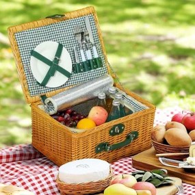 Outsunny piknikový koš z vrbového dřeva, piknikový kufr pro 2 osoby s izolovaným chlazeným oddílem, sada příborů, světle hnědá