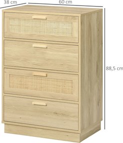 HOMCOM Noční stolek s rattanovými mřížkovými zásuvkami, bohémský styl, komoda do ložnice s protiskluzovým systémem 60x38x88,5 cm přírodní