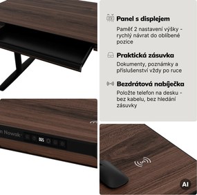 Elektrický psací stůl sit-stand se zásuvkou a bezdrátovou nabíječkou Qi černý/ořech, 1200 mm: ELLIS