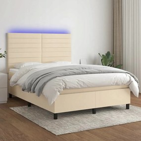 Box Spring Postel S Matrací A Led Textil Krémová vodorovné pruhy 140 x 20
