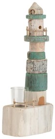 Dřevěný modro bílý svícen maják na jednu čajovou svíčku 14*9*38 cm