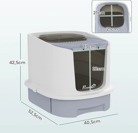 Záchod pro kočky s víkem Vstup přes hlavu Výsuvná vanička s lopatkou pro kočky do 4,5 kg, 40,5x52,5x42,5 cm Šedá barva