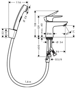 Hansgrohe Talis E - Páková umyvadlová baterie s ruční sprchou Bidetta a sprchovou hadicí 160 cm, chrom 71729000