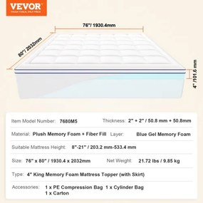 Matrac Topper Premium Memory Foam Fiber Fill King tloušťka 101,6 mm