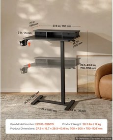 Noční stolek 700 × 500 mm, Stojící vozík s 2vrstvou deskou VEVOR
