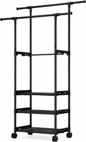 věšák, stojan na oblečení, 2 tyče, police, kolečka, kov/plast, 138/164x95x35 cm, černá, Dekorino TK20260045
