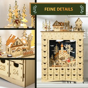 HOMCOM Adventní kalendář k naplnění, 24 šuplíků, přihrádky, vánoční kalendář s LED světly, přírodní dřevo, 36 x 9 x 52 cm