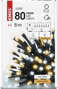 Vánoční osvětlení EMOS D4AN04 80LED řetěz 8m teplá/studená bílá s časovačem