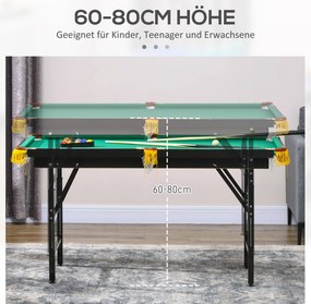 SPORTNOW multigame herní stůl 2v1 multifunkční stůl na stolní tenis a kulečník pro děti a dospělé, ocel 140x63x60-80cm, zelený | Aosom.de