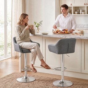 HOMCOM sada 2 360° otočných sametových barových židlí, výškově nastavitelné, s podnožkou, opěradlem, kovovou základnou, šedá