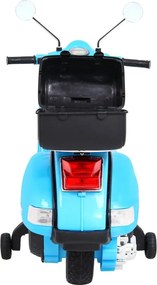 Ramiz Elektrický skútr Vespa pro děti modrý + pomocná kolečka + audio + ekokůže + EVA + plynulý start