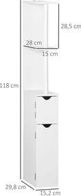 Kleankin Koupelnová Sloupová Skříňka s Dvířky a Otevřenými Policemi - Moderní Koupelnová Skříňka 15,2x29,8x118 cm Bílá