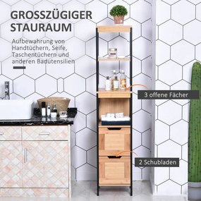 Kleankin Koupelnový Sloupkový Skříň S 3 Policemi A 2 Zásuvkami Moderní Styl 30x30x144,3 cm Černá a Přírodní