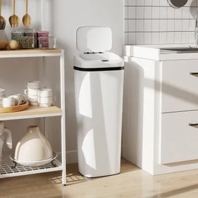 HOMCOM automatický 50 l kuchyňský odpadkový koš, úzký nerezový koš s infračerveným senzorem, manuální režim, odolný proti otiskům prstů, bílý