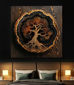 Obraz na plátně - Strom života Zlatý dotek, dřevo styl FeelHappy.cz Velikost obrazu: 100 x 100 cm