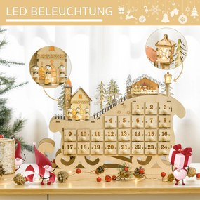 HOMCOM Adventní kalendář k naplnění s 24 zásuvkami, LED světly, ve tvaru saní, DIY vánoční kalendář, odpočítávací kalendář k Vánocům, dárek pro děti …