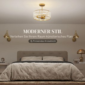 Stropní svítidlo, lustrový design, křišťálové stínidlo, 3 žárovky, kov, zlatá barva