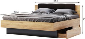 Postel 180x200, čalouněné čelo se šuplíky (bez rámu) Lava / dub kraft Luna
