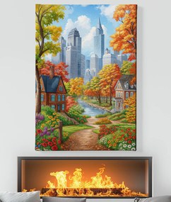 Obraz na plátně - Mrakodrapy a jezírko v parku FeelHappy.cz Velikost obrazu: 120 x 180 cm