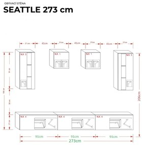 Ral Obývací stěna SEATTLE 8, 273 cm - Černo/bílý lesk