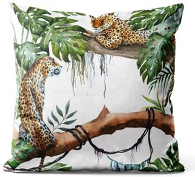 Dekorační velurový polštář Gepardi na větvi - tropický motiv v akvarelovém stylu na bílém pozadí z mikrovlákna