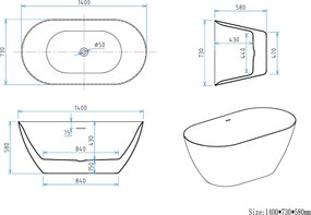 Erga Kaia, volně stojící vana 140x73 cm + odtoková zátka, bílá lesklá, ERG-Kaia-140073-WH-WH
