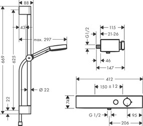 Hansgrohe Pulsify Select S, sprchová souprava 105 3jet Relaxation s termostatem, sprchovou tyčí 65 cm, chromová, HAN-24260000