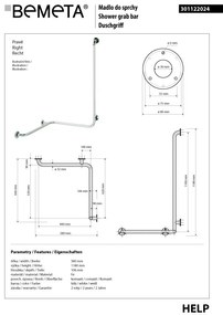 Bemeta Design HELP: Madlo do sprchy se svislou opěrou pravé, bílé, bez krytky -