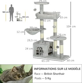 PawHut Kočičí stromek s škrabadlem, výška 104 cm, víceúrovňové zábavné centrum, zesílené sloupy, 3 visící míčky, světle šedá