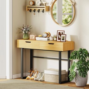 HOMCOM Úzký konzolový stolek se 2 zásuvkami, průmyslový kovový rám, přírodní – 110 × 35 × 76,5 cm