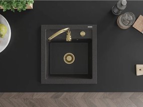 Mexen Vito, granitový dřez 520x490x210 mm, 1-komorový, černá skvrnitá se zlatým sifonem, 6503521000-76-G