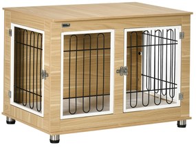 Psí bouda PawHut se stolkem, klec pro psa a psí bouda, dvojité dveře, s polštáři, dub, ideální pro vnitřní i venkovní použití | Aosom.de