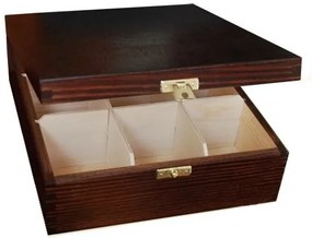 Dřevěná krabička na čaj s dvanácti přihrádkami a zapínáním, hnědý nátěr