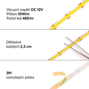 LED pásek 12COB10 12V 10W/m teplá bílá CRI90 š=8mm 078091