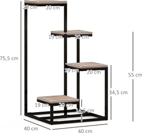 Outsunny Kovový a Dřevěný Stojan na Rostliny s Květinami 4 Úrovně Průmyslový Styl 40L x 40Š x 75,5V cm