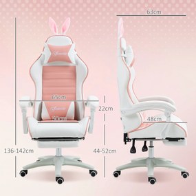 Ergonomická herní židle Vinsetto s bederní podporou, podnožkou a ušima králíčka, polštářkem na hlavu, kancelářská židle s nastavitelnou opěrkou zad R…
