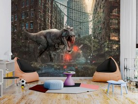 Fototapeta Fantasy motiv - dinosaurus v prostředí zničené městské architektury