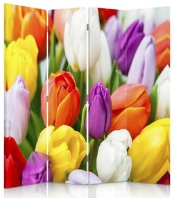 Ozdobný paraván Barevné květy tulipánů - 145x170 cm, čtyřdílný, obustranný paraván 360°