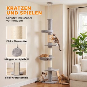 PawHut Škrabadlo do stropu 230–260 cm výškově nastavitelné Kočičí strom s 5 patry 3 silné sisalové škrabadla, sisalová škrabadlová deska