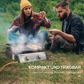 Stolní plynový gril Outsunny BBQ se 2 hořáky, stolní plynový gril s hadicí, nerezová ocel a kov, nepřilnavá grilovací deska, ideální pro kempování