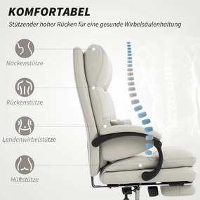HOMCOM Kancelářská židle výškově nastavitelná s opěrkou bederní páteře, opěrkami rukou, podnožkou, z umělé kůže, světle šedá