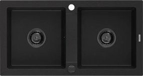 Mexen Mario, granitový dřez 820x436x161 mm, 2-komorový, černá s černým sifonem, 6504822000-77-B