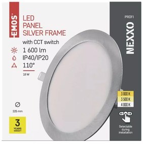 Emos lighting LED zápustný panel NEXXO ø22,5cm, 18W, CCT, kulatý, černý/stříbrný Barva: Stříbrná
