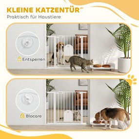 PawHut Psí Bezpečnostní Brána 75-103 cm na Schody a Dveře s 2 Přídavnými Dílci, Automatické Zámek a Dvojitý Zámkový Systém Bílá