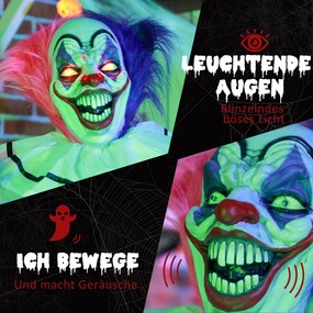HOMCOM Strašidelný klaun Halloween dekorace, pohyblivý, funkce smíchu, růžová + fialová