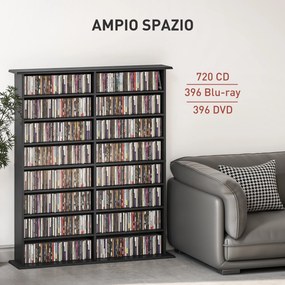 HOMCOM Moderní Knihovna s 16 Policemi pro 720 CD, Držák na CD z Dřevotřísky, 106,5x24x123,7 cm, Černá
