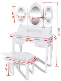 vidaXL Toaletní stolek se stoličkou a 3 zrcadly bílý