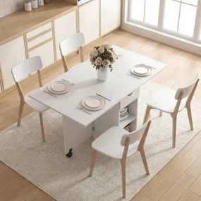 HOMCOM skládací stůl do kuchyně s kolečky, sklápěcím křídlem, zásuvkou a policemi pro 2-4 osoby 120x72x75 cm Bílá